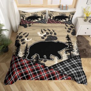 retro farmhouse comforter cover bear patchwork bedding set,brown wood country cabin duvet cover king woodland animals dark shadows rustic decor,red black lattice checkered buffalo plaid decor