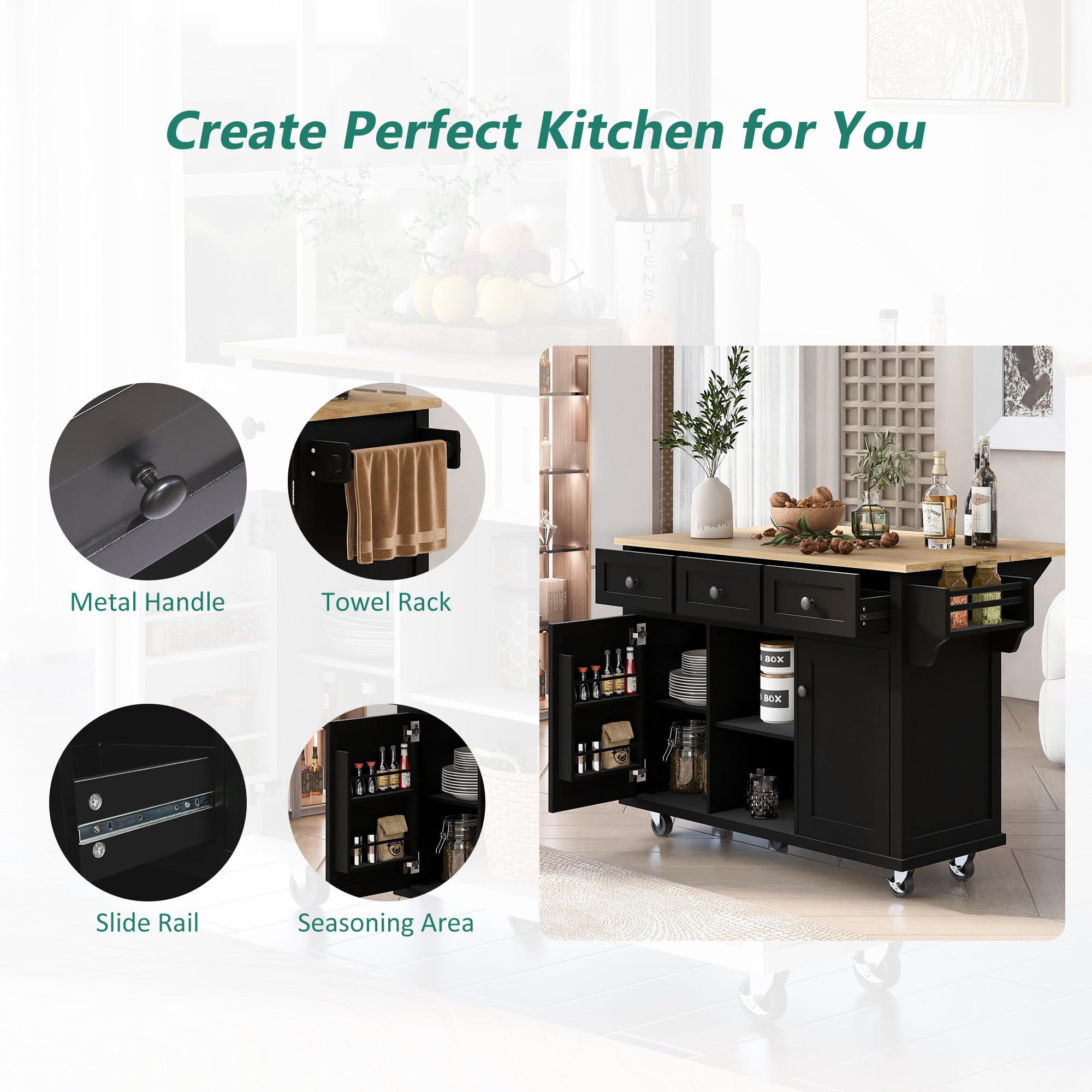 LUMISOL Kitchen Island on 5 Wheels with Wood Drop Leaf, Storage Cabinets and 3 Drawers, Rolling Kitchen Island Cart with Open Storage Shelves, Black