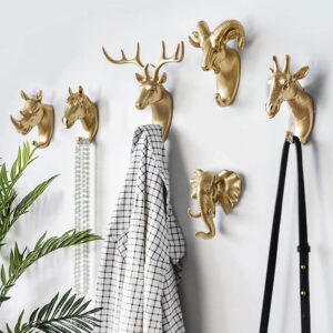 LDZBUOM 6 Pack Creative Wall Hooks,Antlers,Elephant, Rhino, Horse, and Sheep Single Wall Hook,Hooks Wall Mounted for Coat, Bag, Towel, Key, Mounted Coat Decorative Wall (Gold)