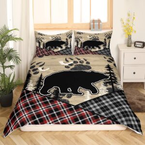 Retro Farmhouse Comforter Cover Bear Patchwork Bedding Set,Brown Wood Country Cabin Duvet Cover King Woodland Animals Dark Shadows Rustic Decor,Red Black Lattice Checkered Buffalo Plaid Decor