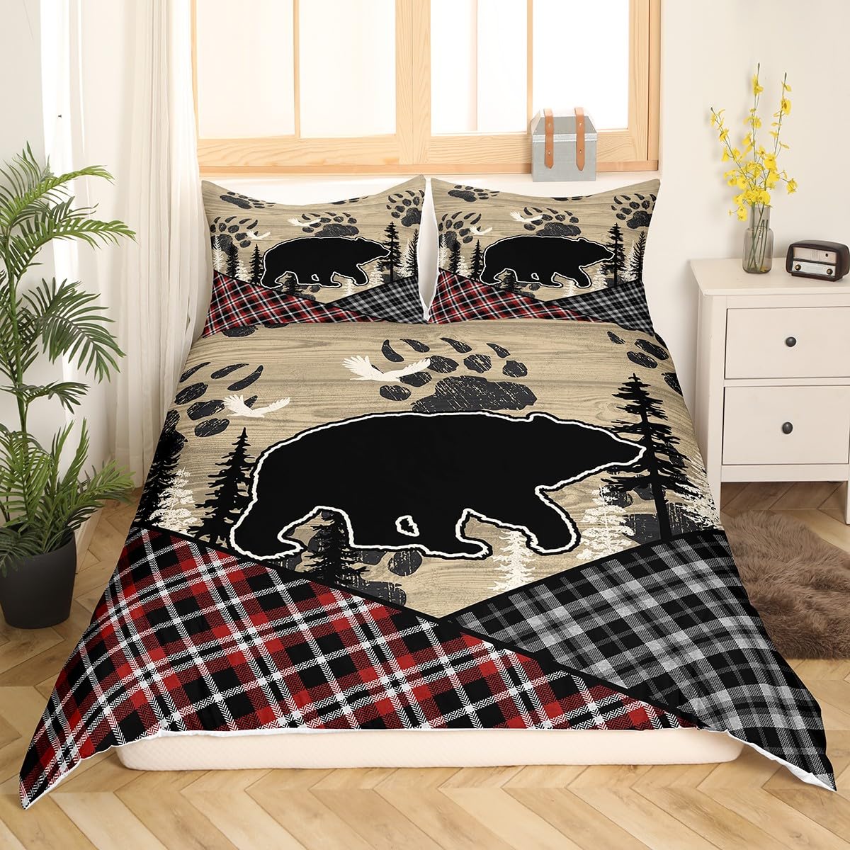 Retro Farmhouse Comforter Cover Bear Patchwork Bedding Set,Brown Wood Country Cabin Duvet Cover King Woodland Animals Dark Shadows Rustic Decor,Red Black Lattice Checkered Buffalo Plaid Decor