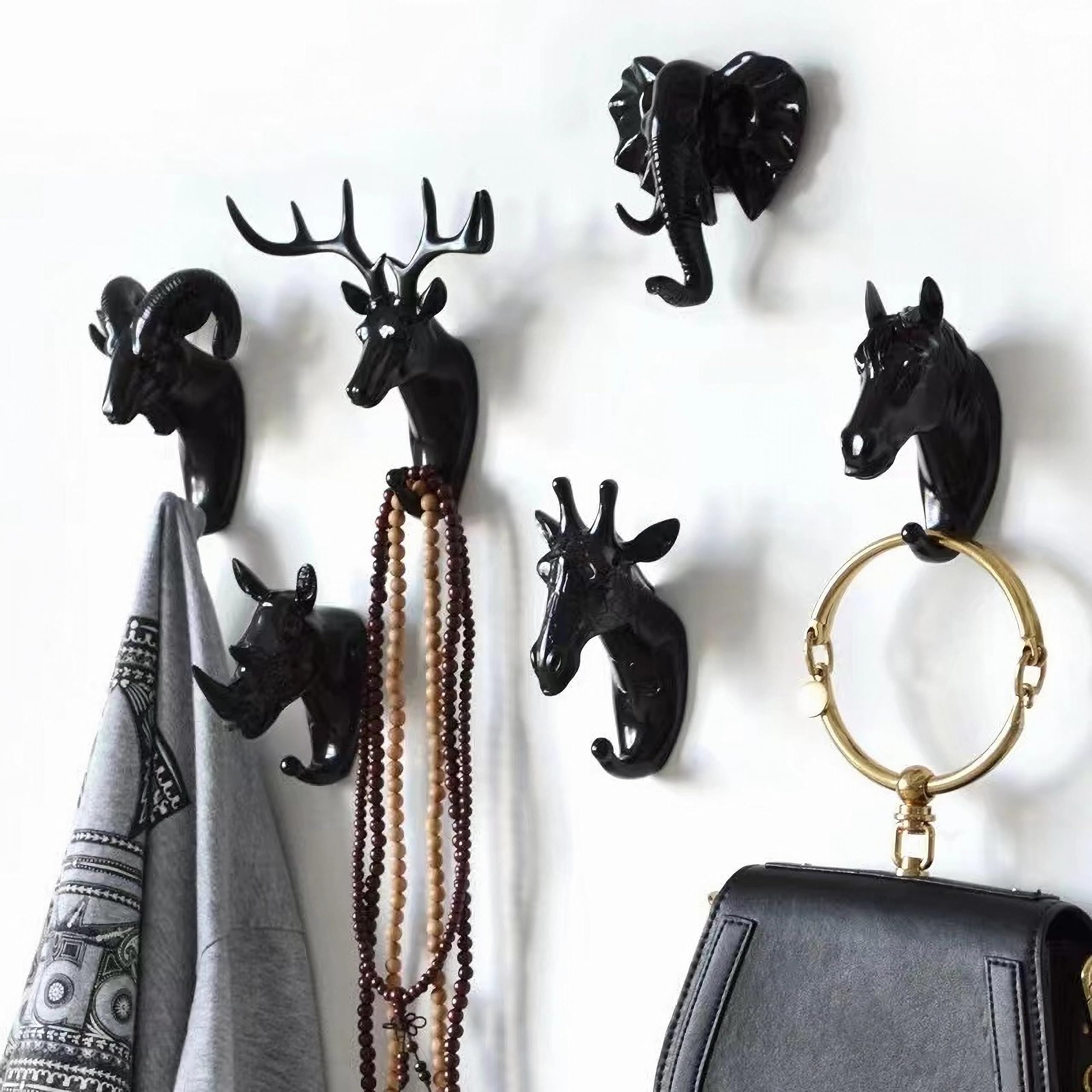 LDZBUOM 6 Pack Creative Wall Hooks,Antlers,Elephant, Rhino, Horse, and Sheep Single Wall Hook,Hooks Wall Mounted for Coat, Bag, Towel, Key, Mounted Coat Decorative Wall (Gold)