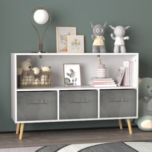 Senviy Kids Bookcase with 3 Fabric Drawers, Toy Storage Cabinet Organizer, Solid Wood Toddler Bookshelf for Boys & Girls, Grey