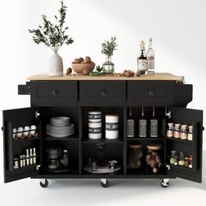 LUMISOL Kitchen Island on 5 Wheels with Wood Drop Leaf, Storage Cabinets and 3 Drawers, Rolling Kitchen Island Cart with Open Storage Shelves, Black