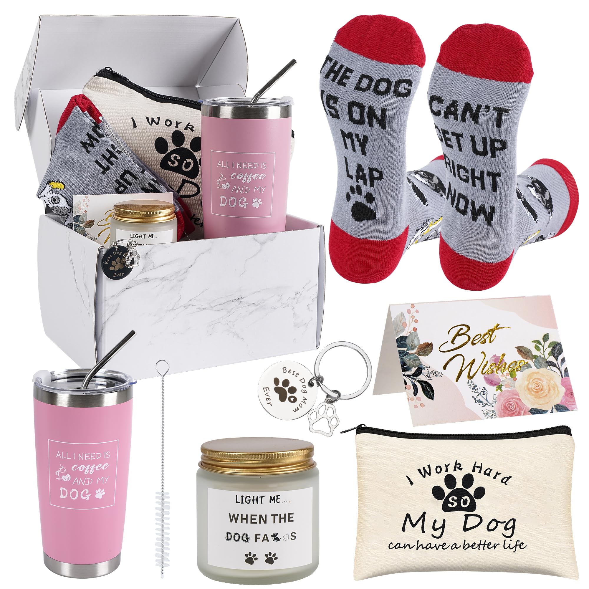 Kolewo4ever 7 Pieces Dog Mom Gifts for Women Best Dog Lovers Women Gifts with Tumbler Makeup Bag Scented Candle Socks Key Chain Greeting Card for Dog Lover Dog Mom Christmas Gift