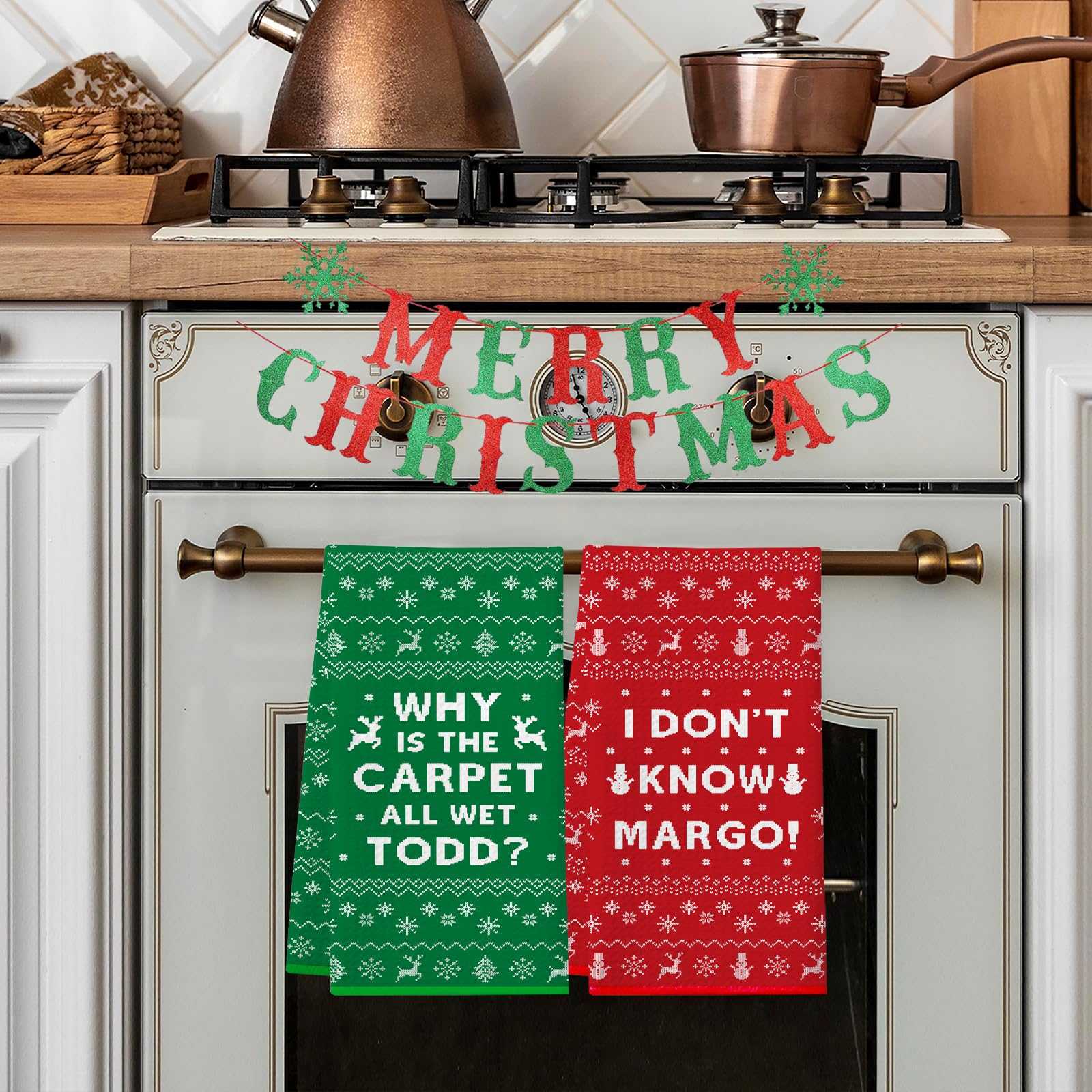 Christmas Vacation Decorations, 2Pcs Funny Christmas Kitchen Towels, Griswold Family Cousin Eddie Christmas Vacation Merchandise, Holiday Bathroom Decor - Why is The Carpet All Wet? I Don't Know Margo