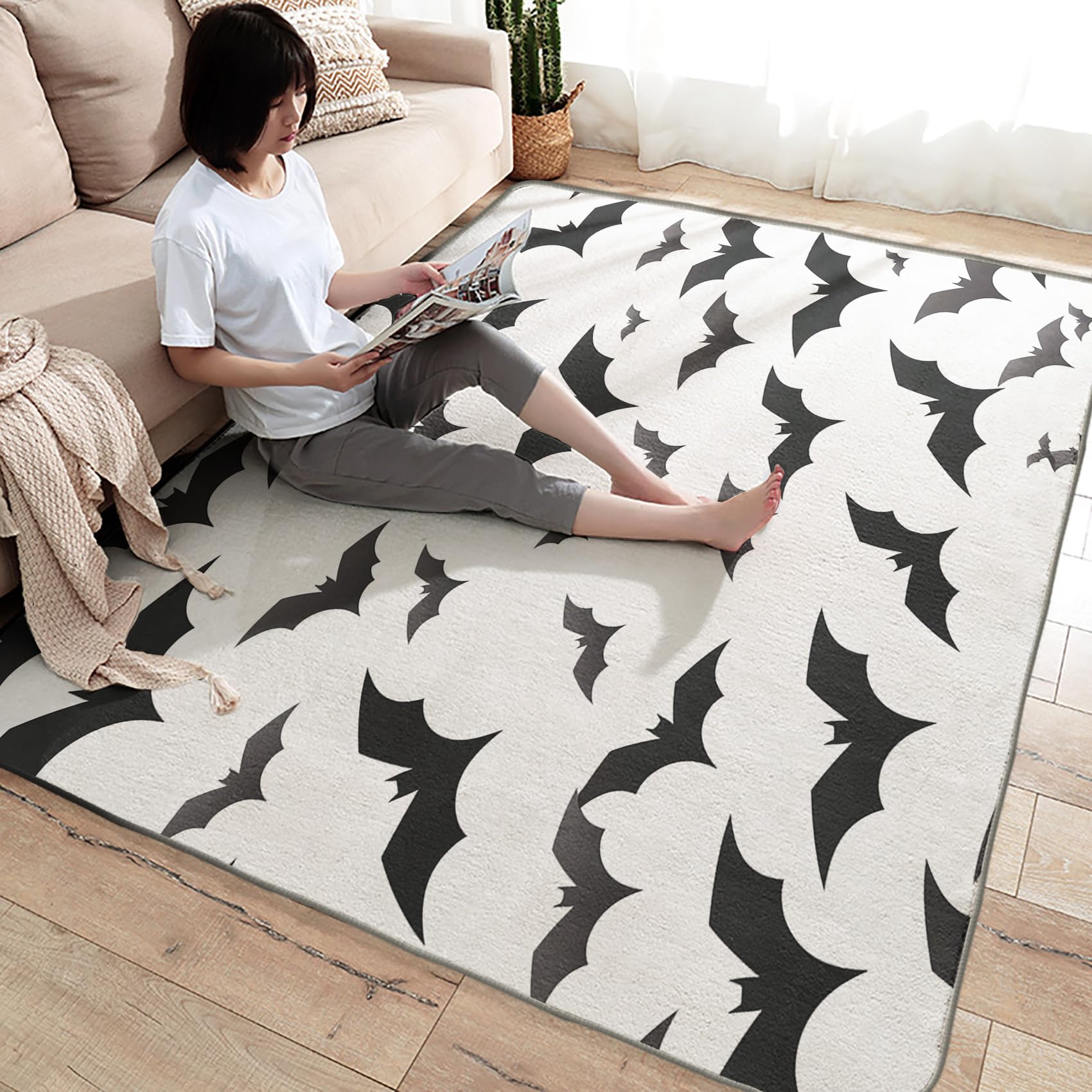 Bat Rug 2x3 ft, Halloween Area Rug, Black and White Rugs for Entryway Living Room Bedroom, Halloween Themed Carpet, Kids Room Decor for Boys Girls, Washable Non Slip Soft Low Pile Indoor Door Mat