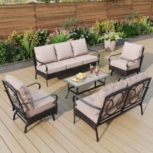 phi villa patio furniture set, 5 pieces outdoor metal wicker conversation sofa set for backyard w/coffee table, seat cushions