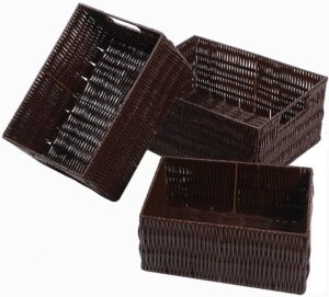 elevon handmade storage basket set of 3, plastic wicker baskets for organizing with handles, storage bins for home kitchen countertop, shelf organizer, waterproof, coffee