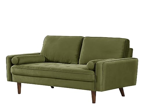 US Pride Furniture Velvet Tufted Sofa, Iconic Mid-Century Style Living Room Furniture with Contemporary Silhouette, Button Tufting and Wood Legs, Includes 2 Bolster Pillows, Loveseat, Olive Green