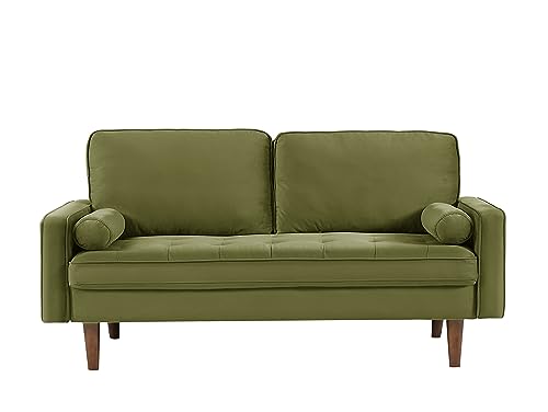 US Pride Furniture Velvet Tufted Sofa, Iconic Mid-Century Style Living Room Furniture with Contemporary Silhouette, Button Tufting and Wood Legs, Includes 2 Bolster Pillows, Loveseat, Olive Green