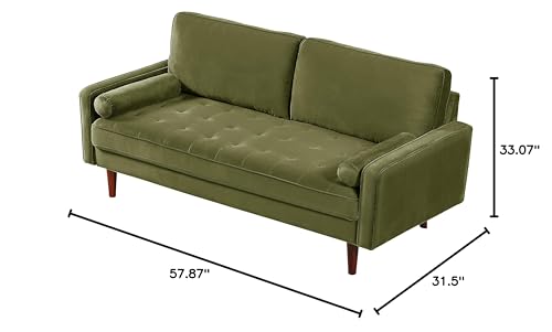 Container Furniture Direct Velvet 58" Loveseat Sofa Couch for Living Room, Classic Mid-Century Style with Modern Silhouette, Button Tufting and Wood Legs, Includes 2 Bolster Pillows, Olive Green