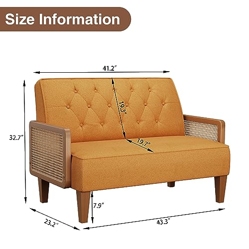 annjoe Button Tufted Loveseat Settee Upholstered Sofa with Natural Rattan Armrest Backrest Buckle Couch Banquette Bench for Dining Room Living Room Bedroom Funiture