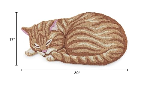 Desnoran Hand Hooked Cat Rug | Orange Tabby Shaped Accent Mat | Cute Sleeping Kitty Area Rug | Machine Wash | 17x30 Inch