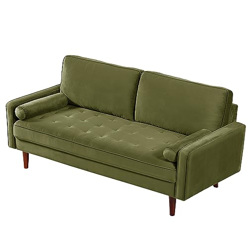 Container Furniture Direct Velvet 58" Loveseat Sofa Couch for Living Room, Classic Mid-Century Style with Modern Silhouette, Button Tufting and Wood Legs, Includes 2 Bolster Pillows, Olive Green