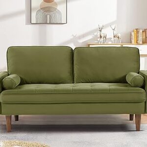 US Pride Furniture Velvet Tufted Sofa, Iconic Mid-Century Style Living Room Furniture with Contemporary Silhouette, Button Tufting and Wood Legs, Includes 2 Bolster Pillows, Loveseat, Olive Green