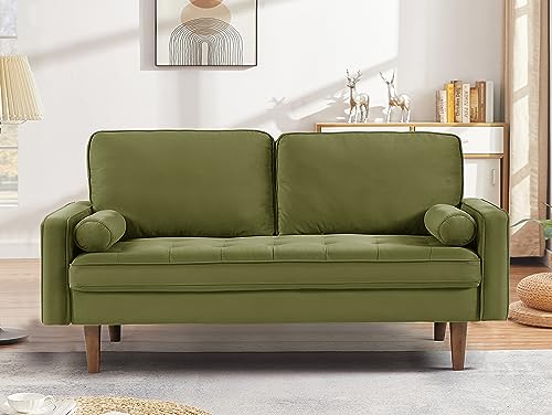 Container Furniture Direct Velvet 58" Loveseat Sofa Couch for Living Room, Classic Mid-Century Style with Modern Silhouette, Button Tufting and Wood Legs, Includes 2 Bolster Pillows, Olive Green