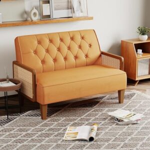 annjoe Button Tufted Loveseat Settee Upholstered Sofa with Natural Rattan Armrest Backrest Buckle Couch Banquette Bench for Dining Room Living Room Bedroom Funiture