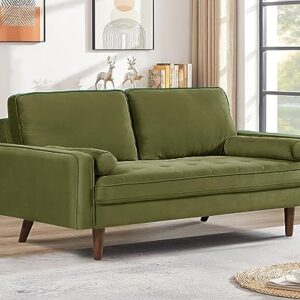 Container Furniture Direct Velvet 58" Loveseat Sofa Couch for Living Room, Classic Mid-Century Style with Modern Silhouette, Button Tufting and Wood Legs, Includes 2 Bolster Pillows, Olive Green