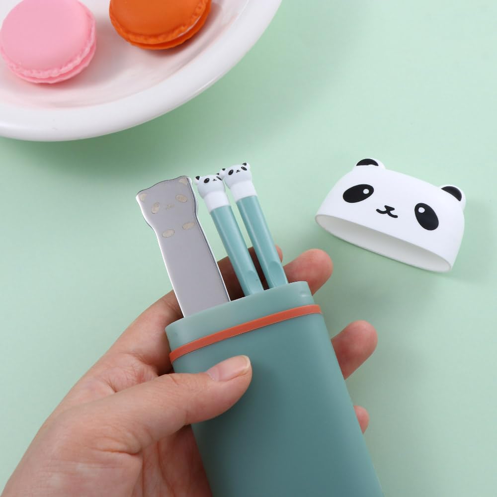 Portable Travel Utensils Set with Case, Reusable Chopsticks Spoon Cutlery Set with Case, Plastic & Stainless Steel & Silicone, Cute Panda Head Premium Flatware Set for Daily Use