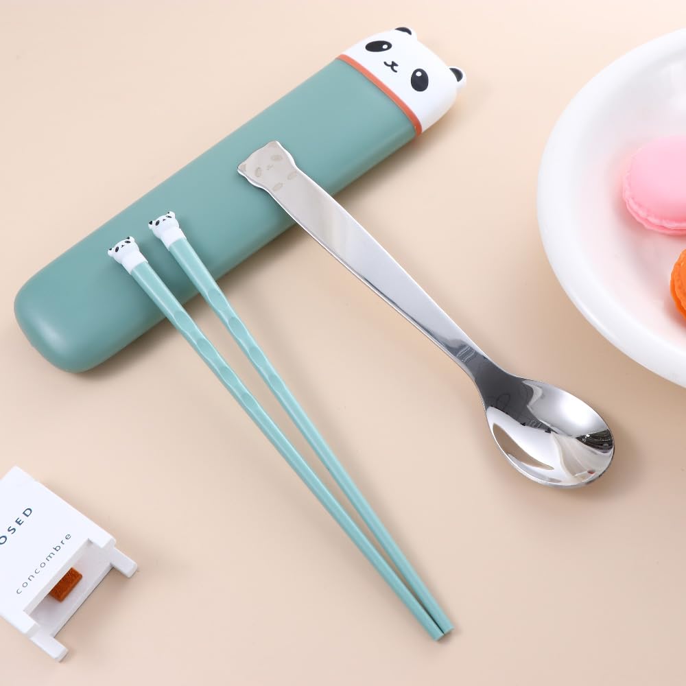 Portable Travel Utensils Set with Case, Reusable Chopsticks Spoon Cutlery Set with Case, Plastic & Stainless Steel & Silicone, Cute Panda Head Premium Flatware Set for Daily Use