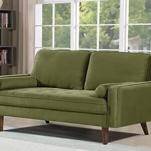 Container Furniture Direct Velvet 58" Loveseat Sofa Couch for Living Room, Classic Mid-Century Style with Modern Silhouette, Button Tufting and Wood Legs, Includes 2 Bolster Pillows, Olive Green