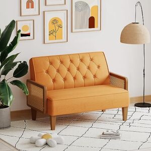 annjoe Button Tufted Loveseat Settee Upholstered Sofa with Natural Rattan Armrest Backrest Buckle Couch Banquette Bench for Dining Room Living Room Bedroom Funiture