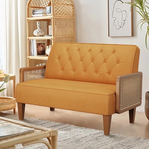 annjoe Button Tufted Loveseat Settee Upholstered Sofa with Natural Rattan Armrest Backrest Buckle Couch Banquette Bench for Dining Room Living Room Bedroom Funiture