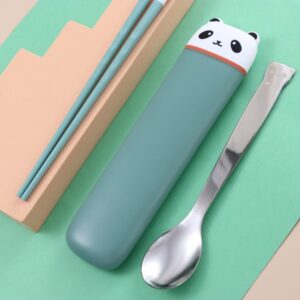 Portable Travel Utensils Set with Case, Reusable Chopsticks Spoon Cutlery Set with Case, Plastic & Stainless Steel & Silicone, Cute Panda Head Premium Flatware Set for Daily Use