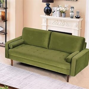 US Pride Furniture Velvet Tufted Sofa, Iconic Mid-Century Style Living Room Furniture with Contemporary Silhouette, Button Tufting and Wood Legs, Includes 2 Bolster Pillows, Loveseat, Olive Green