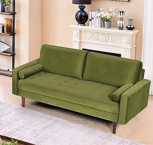 US Pride Furniture Velvet Tufted Sofa, Iconic Mid-Century Style Living Room Furniture with Contemporary Silhouette, Button Tufting and Wood Legs, Includes 2 Bolster Pillows, Loveseat, Olive Green