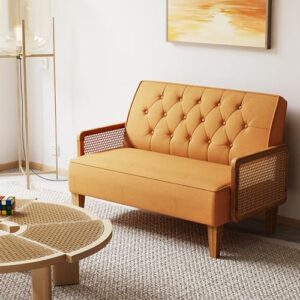 annjoe button tufted loveseat settee upholstered sofa with natural rattan armrest backrest buckle couch banquette bench for dining room living room bedroom funiture