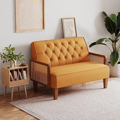 annjoe Button Tufted Loveseat Settee Upholstered Sofa with Natural Rattan Armrest Backrest Buckle Couch Banquette Bench for Dining Room Living Room Bedroom Funiture