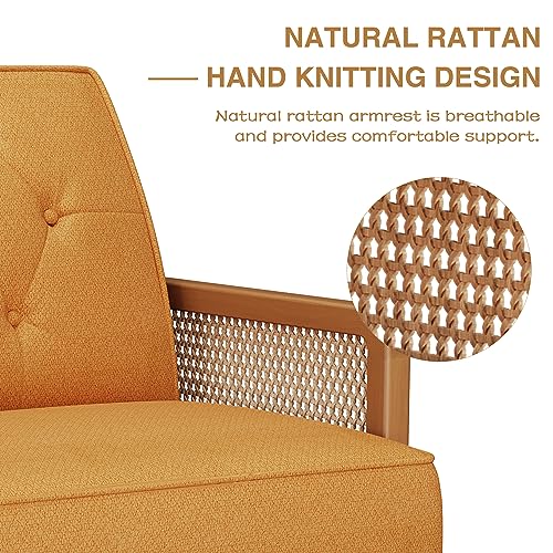 annjoe Button Tufted Loveseat Settee Upholstered Sofa with Natural Rattan Armrest Backrest Buckle Couch Banquette Bench for Dining Room Living Room Bedroom Funiture