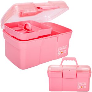 tergoo 11in mutipurpose storage box organizer with removable tray, portable small craft box with handle, plastic clear tool box art case for makeup, sewing, nail, hair accessories (pink)