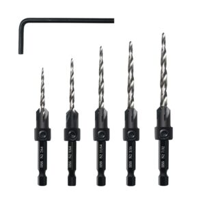 aimlentool countersink drill bit set, 5pcs tapered drill bits, m2 countersink set with 1/4" hex shank quick change and 1 allen wrench for woodworking, pilot screw hole set for soft & hard wood