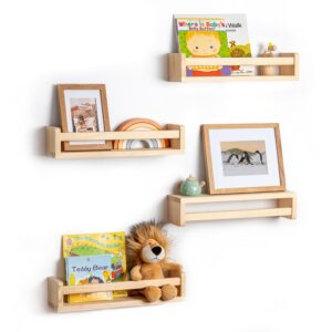 fun memories nursery book shelves - rustic natural solid wood floating bookshelf for kids - wall book shelves for kids room (natural, 16inch - 4p)