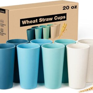 Hlukana Wheat Straw Cups Set of 8, 20 oz Unbreakable Drinking Cup, Chip Resistant Cups, Reusable Water Cup Set, Large Cups for Kitchen, Camping, BPA Free Cups, Dishwasher & Microwave Safe Tumbler Cups