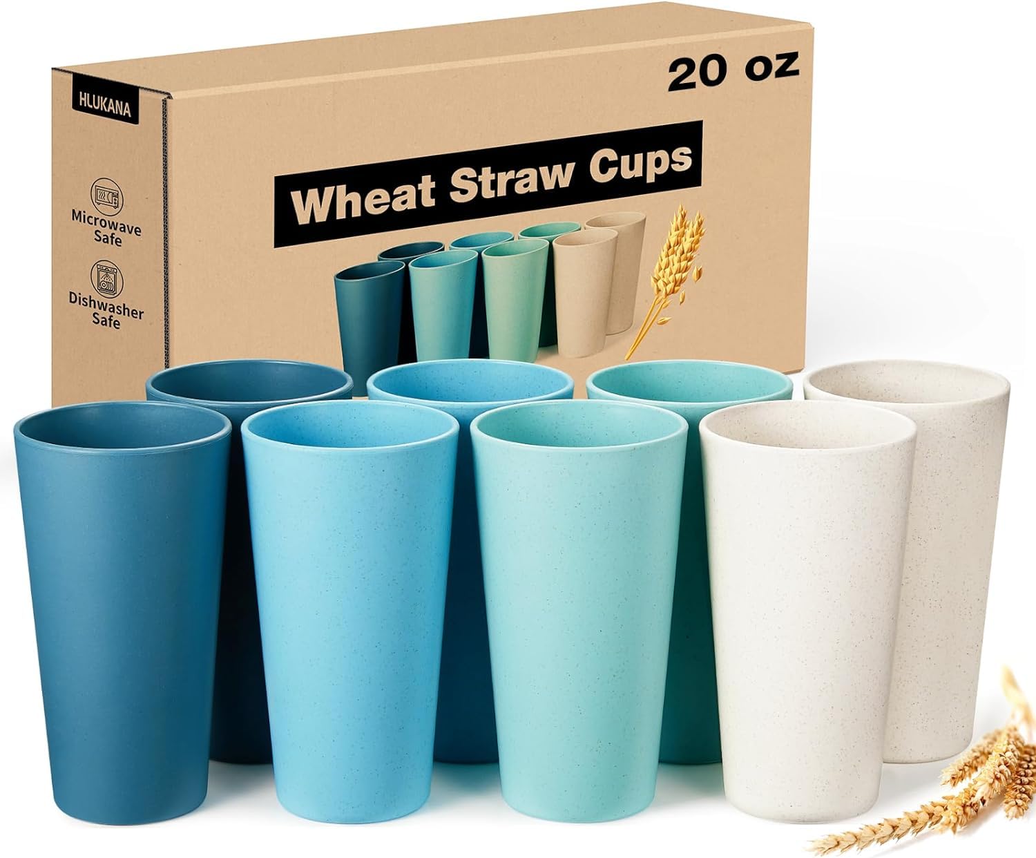 Hlukana Wheat Straw Cups Set of 8, 20 oz Unbreakable Drinking Cup, Chip Resistant Cups, Reusable Water Cup Set, Large Cups for Kitchen, Camping, BPA Free Cups, Dishwasher & Microwave Safe Tumbler Cups