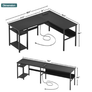 Unikito Reversible L Shaped Desk with Magic Power Outlets and USB Charging Ports, Sturdy Corner Computer Desk with Storage Shelves, Gaming Table Home Office Desk, Easy to Assemble, Black