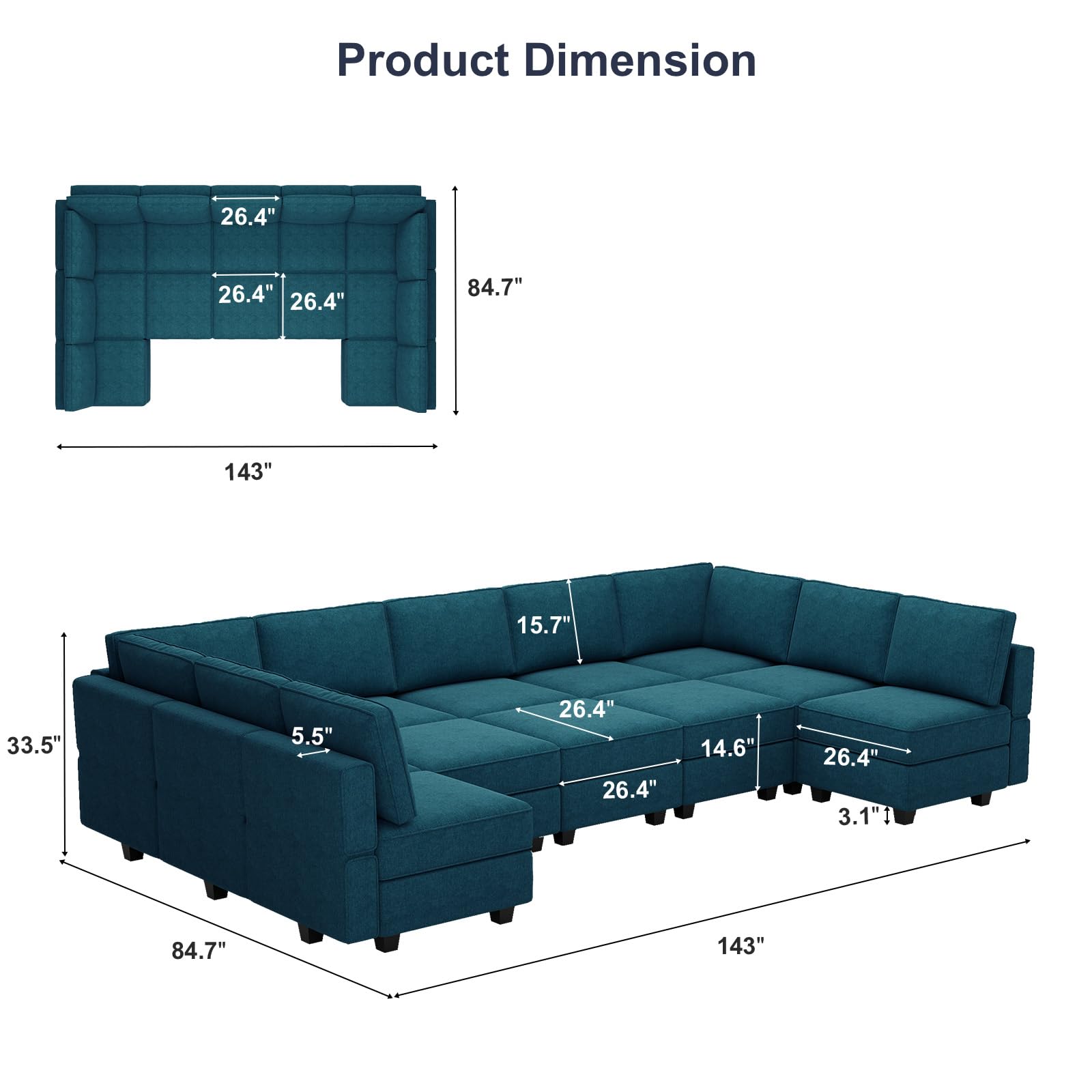 Belffin Modular Sleeper Sofa Sectional Couch Oversized U Shaped Sofa with Storage Convertible Sofa Set Large Sectional Sofa Peacock Blue