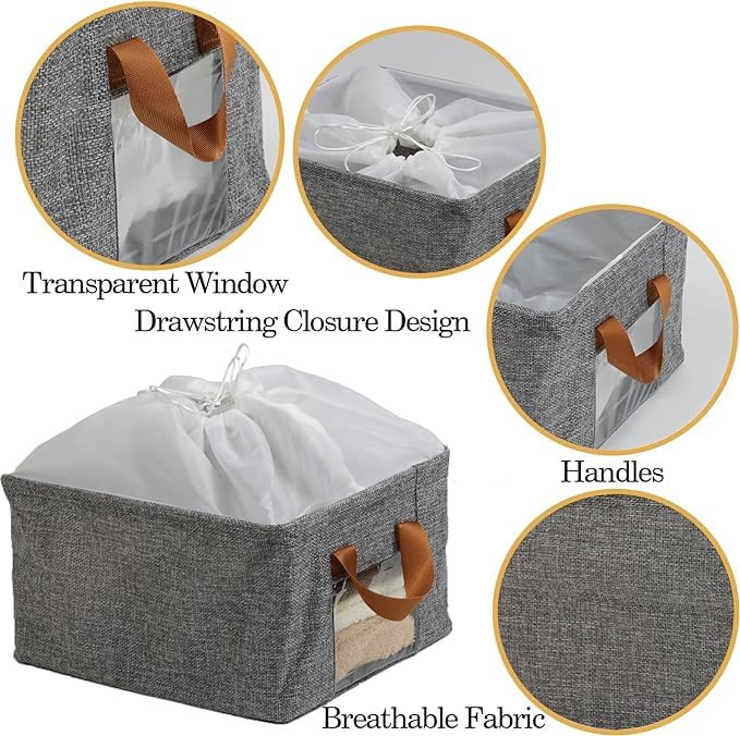 3pc 10 Liters Linen Storage Baskets with Dust-proof Opening & Handles & Visible Window, Foldable Small Fabric Bins Decorative Basket Organizer Boxes for Organizing Dresser Shelves