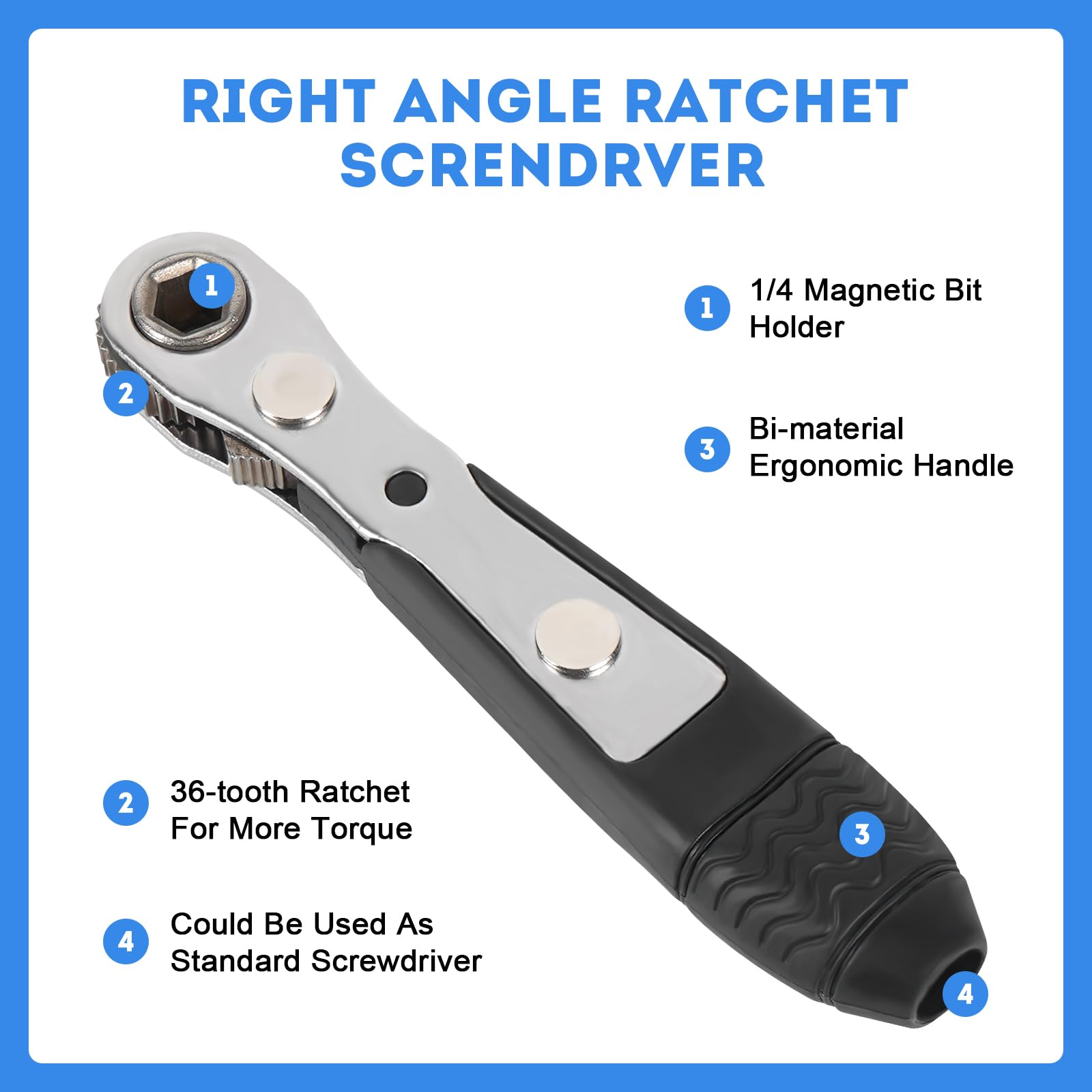 FASTORS Right Angle Screwdriver,42 PCS 1/4 Mini Ratchet Set,90 Degree Offset Ratcheting Wrench,Hex/Torx/Slotted/Phillips Magnetic Bits,Stocking Stuffers for Men&Women