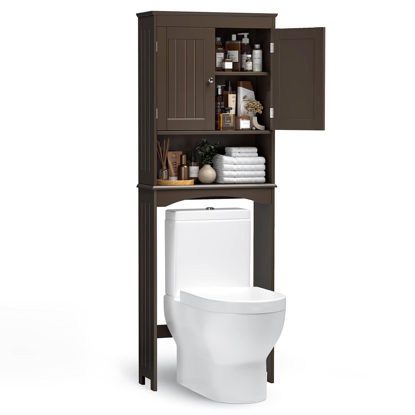 Bealife Over The Toilet Storage Cabinet with Open Shelf, Over Toilet Bathroom Organizer with Adjustable Shelf and Double Doors, Over The Toilet Storage Shelf Free Standing for Bathroom - Espresso