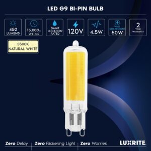 LUXRITE G9 LED Bulb Dimmable 4.5W, 50 Watt T4 G9 Halogen Equivalent, 3500K Natural White, 450 Lumens, Glass G9 Bi Pin Base, 320° Beam Angle, ETL Listed (10 Pack)