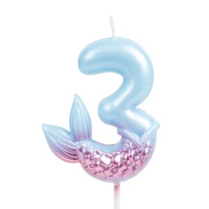 birthday candles numbers 3 candle, mermaid birthday decorations, happy 3rd birthday candles for cake, blue purple birthday cake candle mermaid cake toppers birthday party supplies