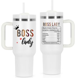 boss day gift for boss lady, boss lady nutrition fact gift for boss lady manager coworker employer, 40 oz boss lady tumbler with handle, white