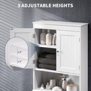 Bealife Over The Toilet Storage Cabinet with Open Shelf, Organizer with Adjustable Shelf and Double Doors,Over The Toilet Storage Shelf Free Standing- White