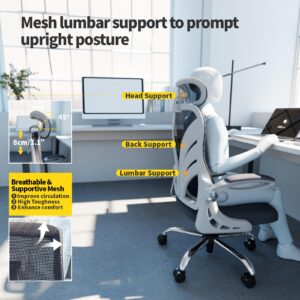 HOLLUDLE Ergonomic Office Chair with Foldable Backrest, Computer Desk Chair with Flip-up Armrests, Mesh Lumbar Support and 2D Headrest Big and Tall Office Chair, White