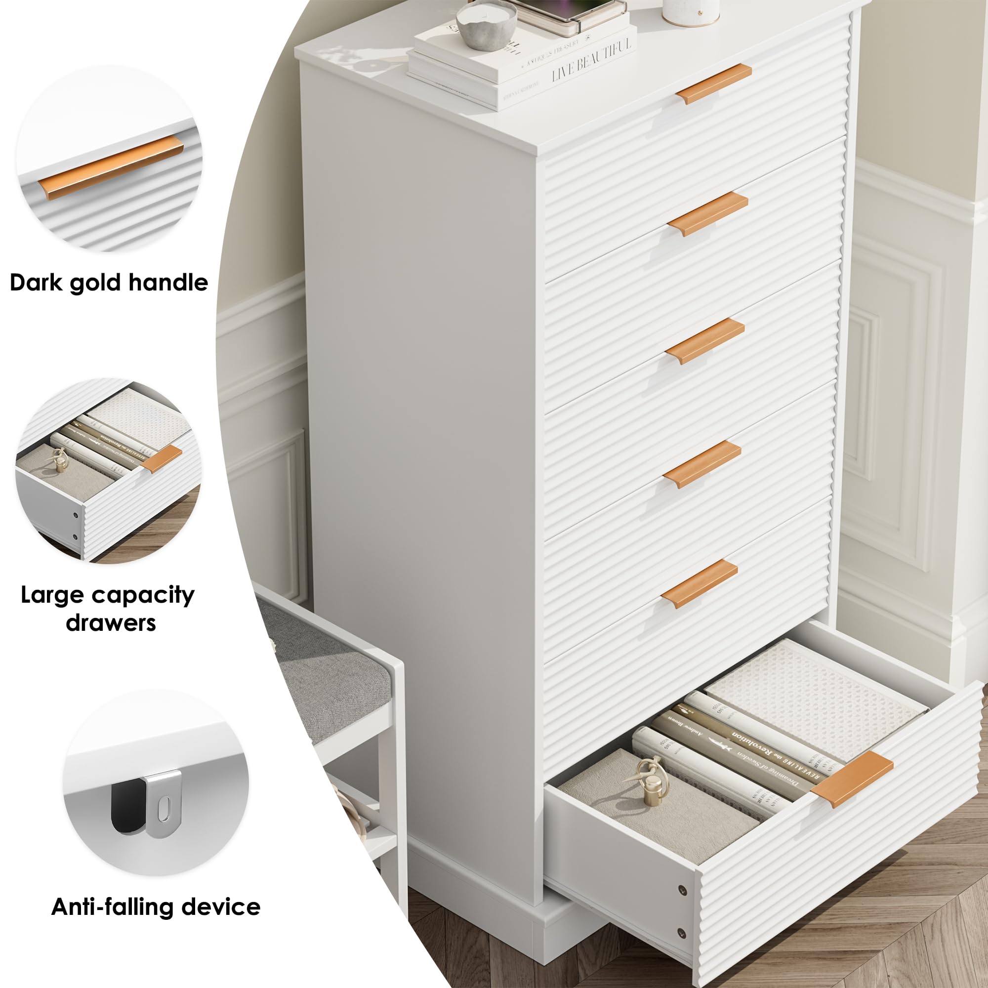 FACBOTALL 6 Drawer Dresser, Tall White Dresser with Large Storage Space, Modern Chest of Drawers with Handles, 6 Large Capacity Vertical Dressers for Home & Office